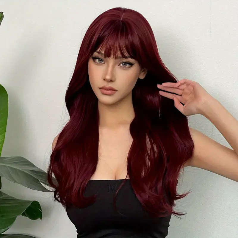 와인 레드 24인치 컬리 웨이브 헤어 뱅이 달린 가발 데일리 웨어 파티 코스프레 음악 페스티벌용 합성 모발 Temu