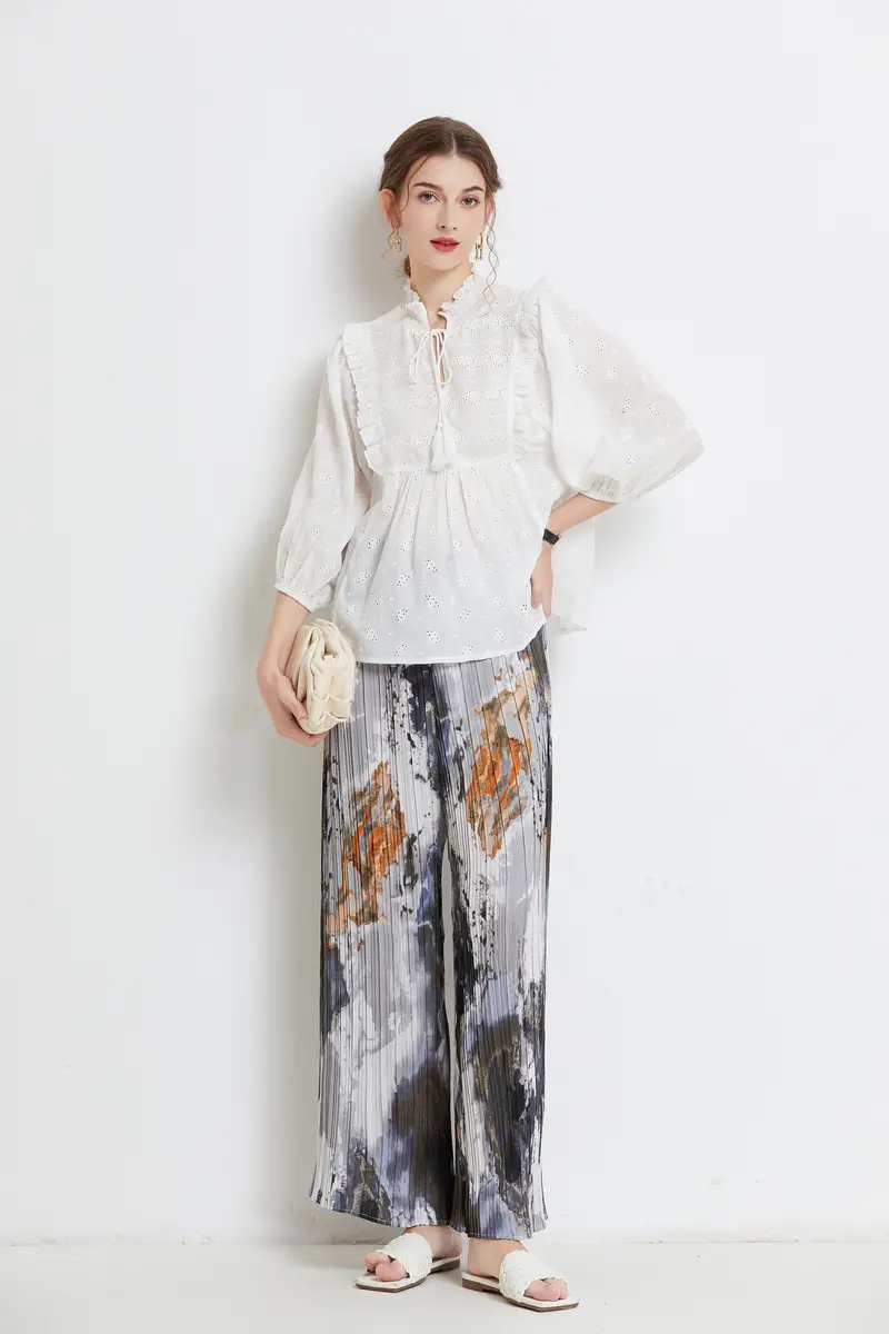 Solid Ruffle Trim Blouse Elegant Drawstring Eyelet 34 Temu