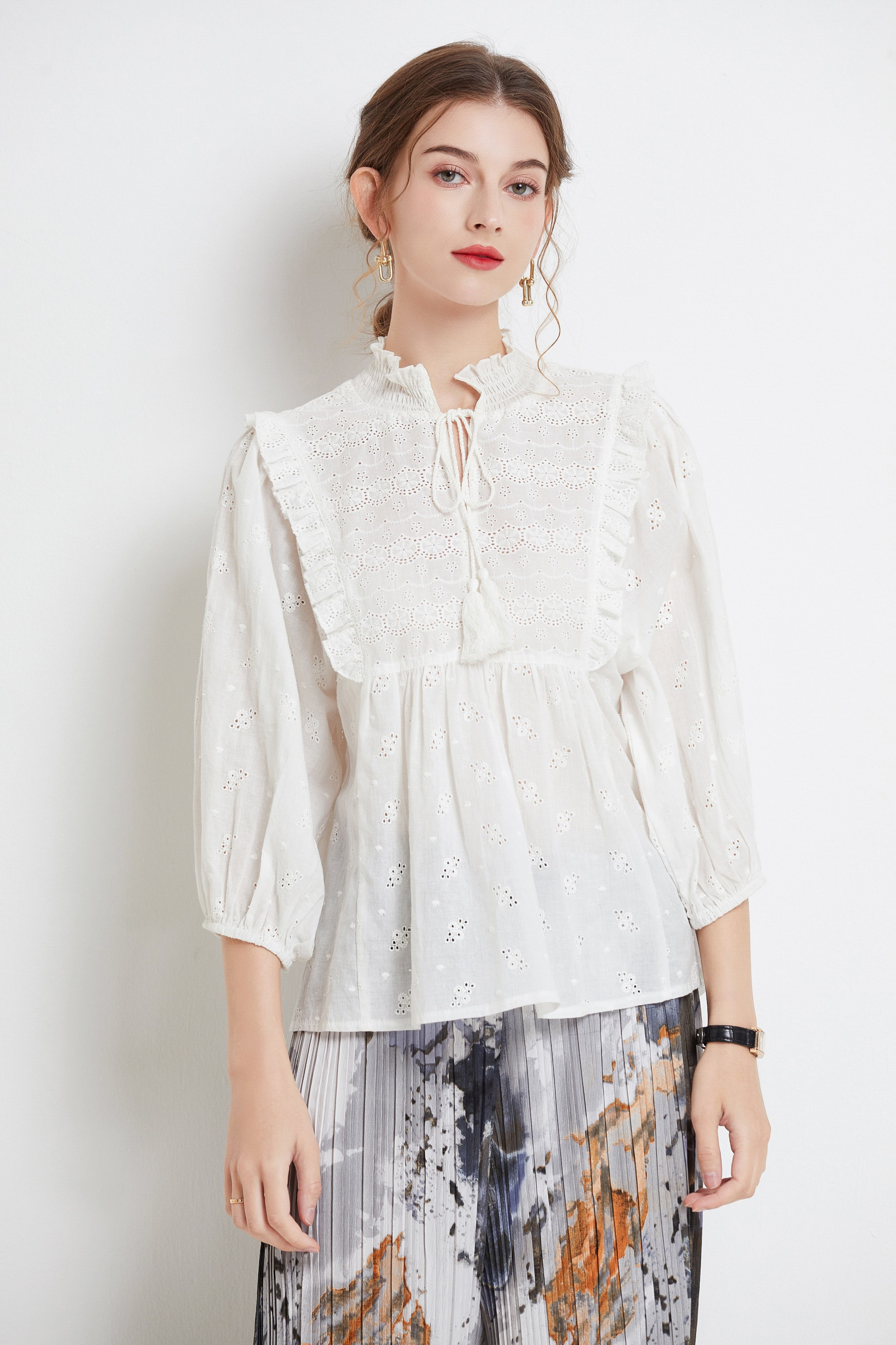 Solid Ruffle Trim Blouse Elegant Drawstring Eyelet 34 Temu