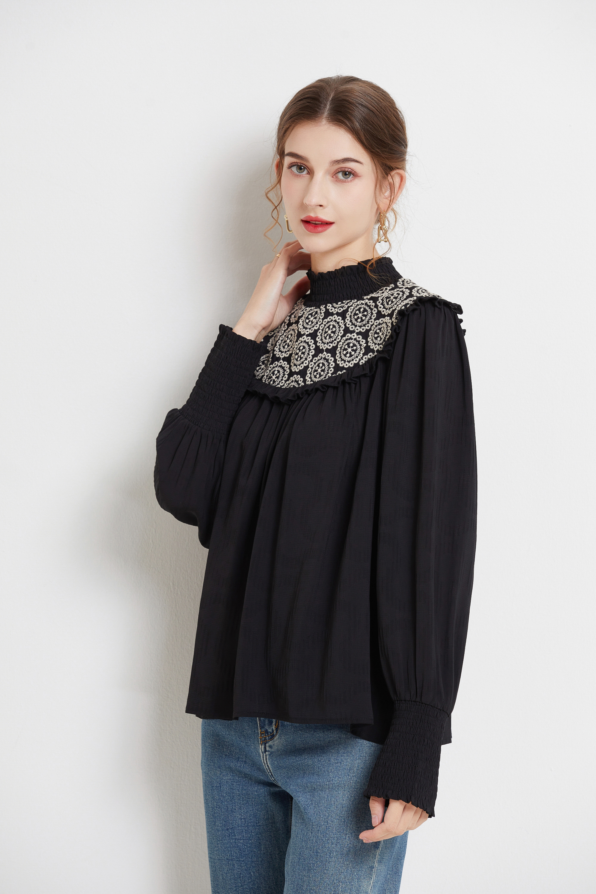 Floral Embroidered Blouse Casual High Neck Long Sleeve - Temu Portugal