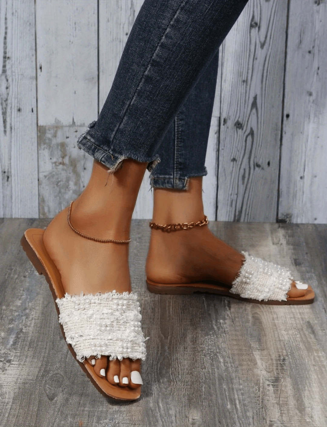 women's pearl flat slides open toe non - Temu New Zealand