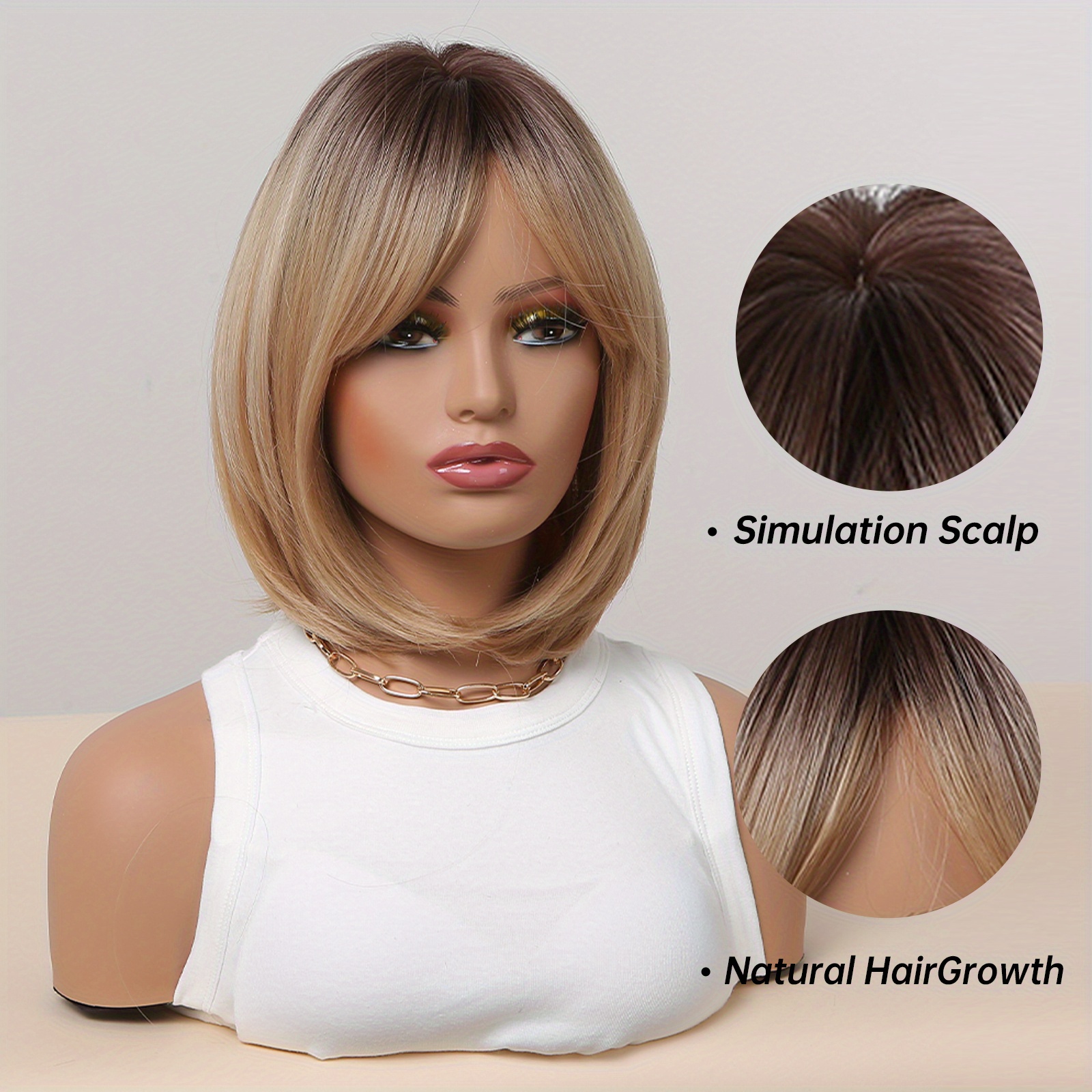 Short Straight Blonde Bob Wigs Bangs Women's Synthetic Fiber - Temu