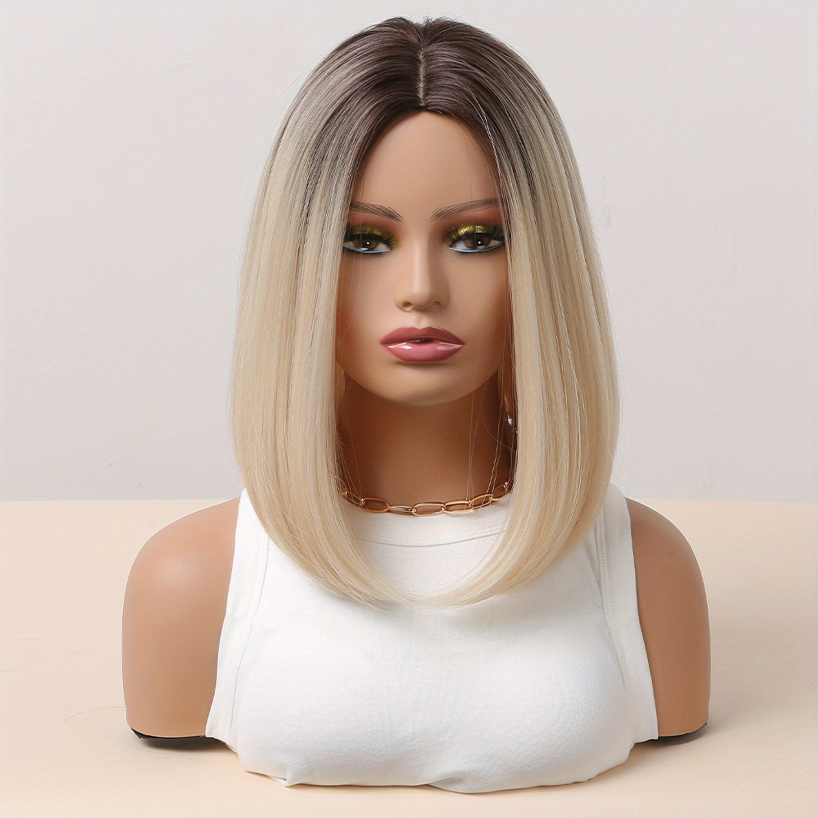 Short Straight Blonde Bob Wigs Bangs Women's Synthetic Fiber - Temu