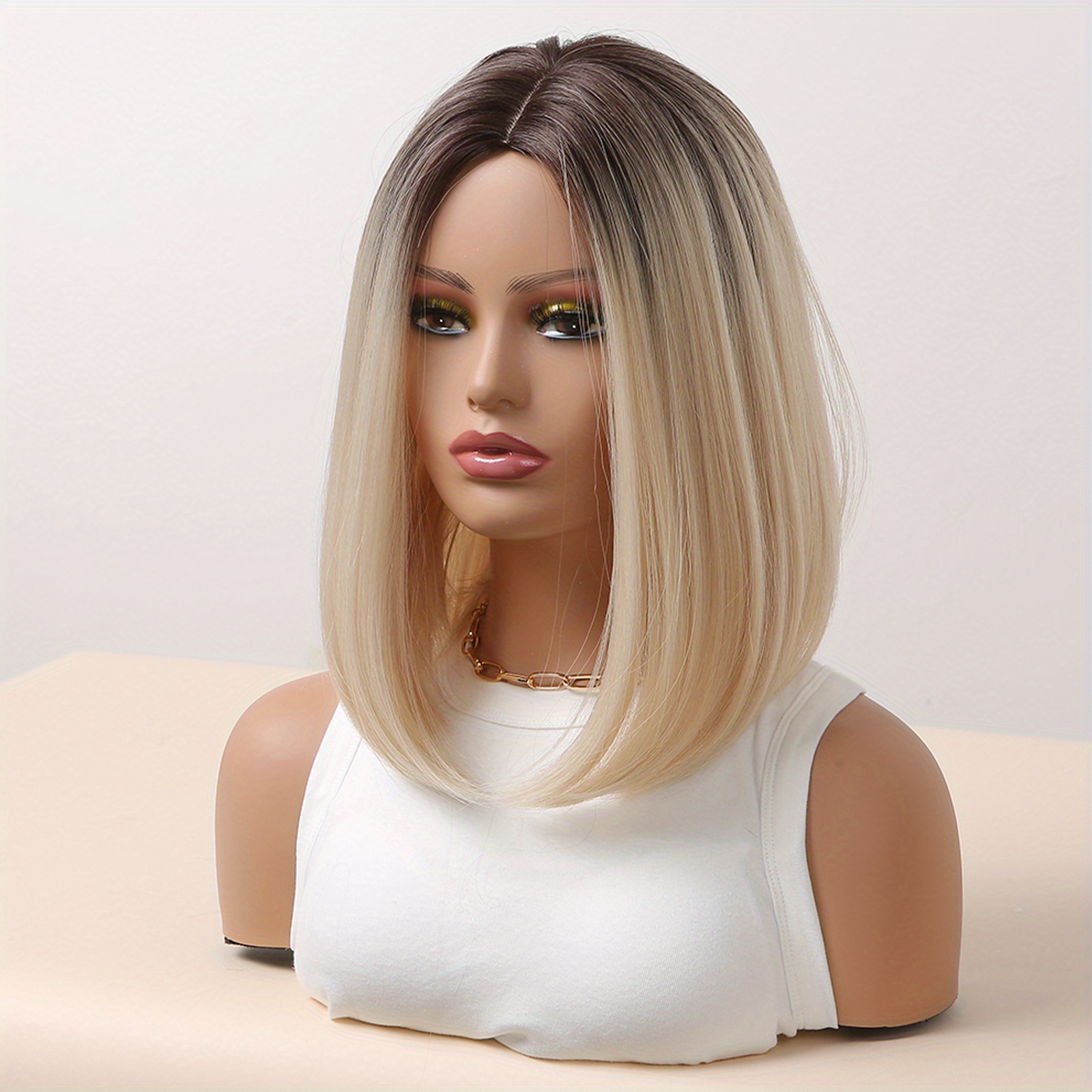 Short Straight Blonde Bob Wigs Bangs Women's Synthetic Fiber - Temu