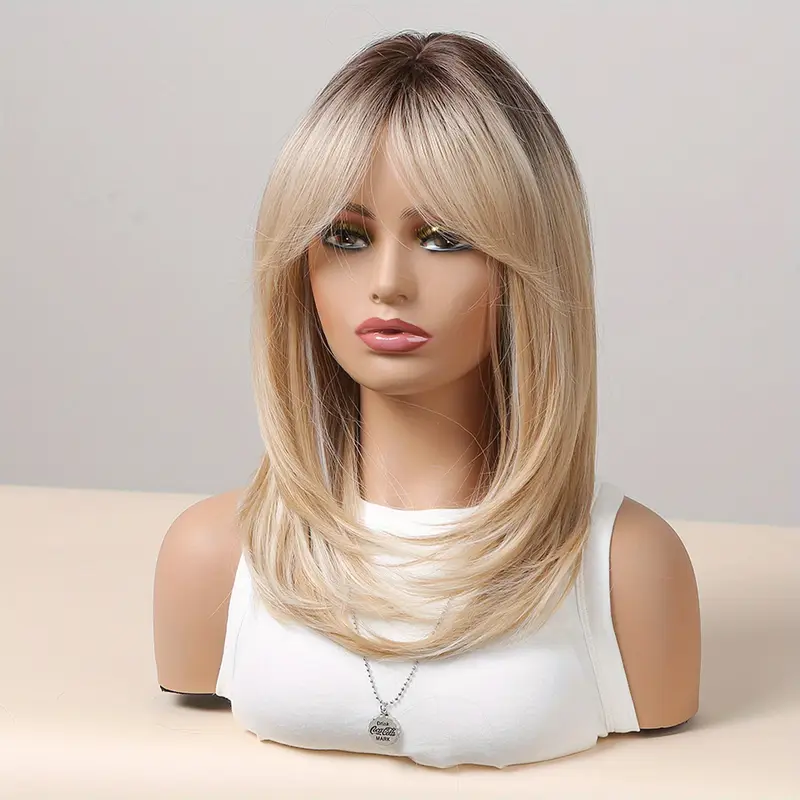 Blonde Straight Layered Hair Wigs With Bangs Dark Roots Long Temu