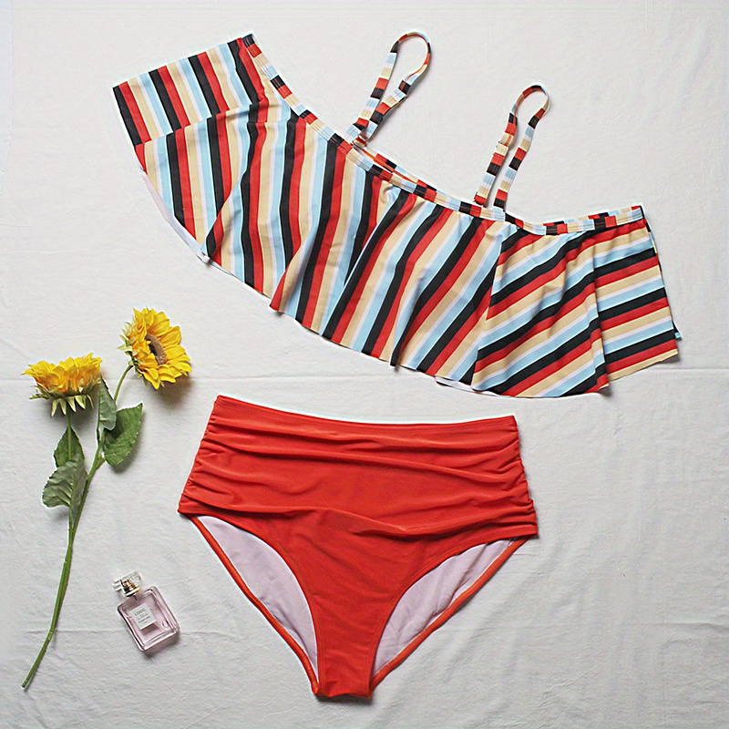 Plus Size Colorblock Striped Ruffle Hem Bikini Set Women's - Temu Australia