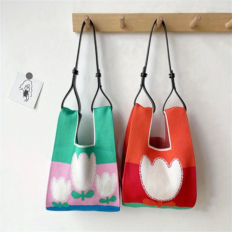 Flower Graphic Crochet Bag Colorblock Knitted Tote Handbag - Temu United Flower Graphic Crochet Bag Colorblock Knitted Tote Handbag - Temu United
