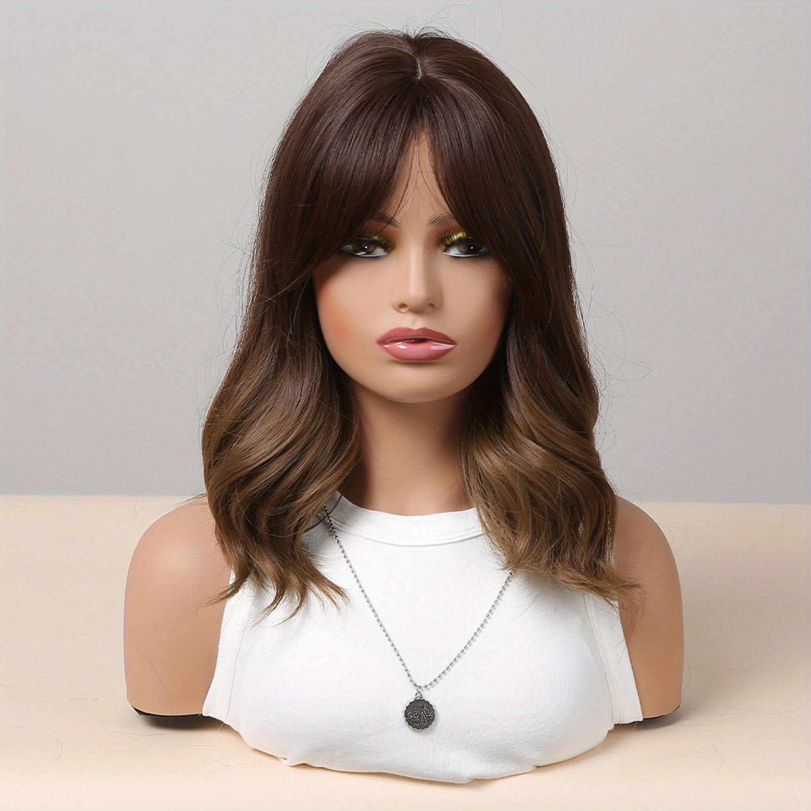 Brown Long Curly Hair Wigs Bangs Women Girls Synthetic - Temu