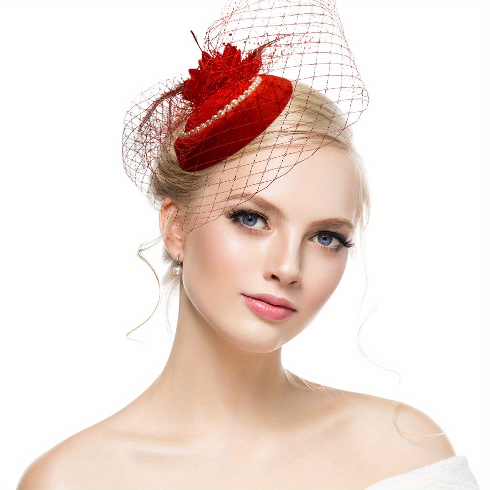 red mesh feather hat duck billed clip pearl veil - Temu Canada