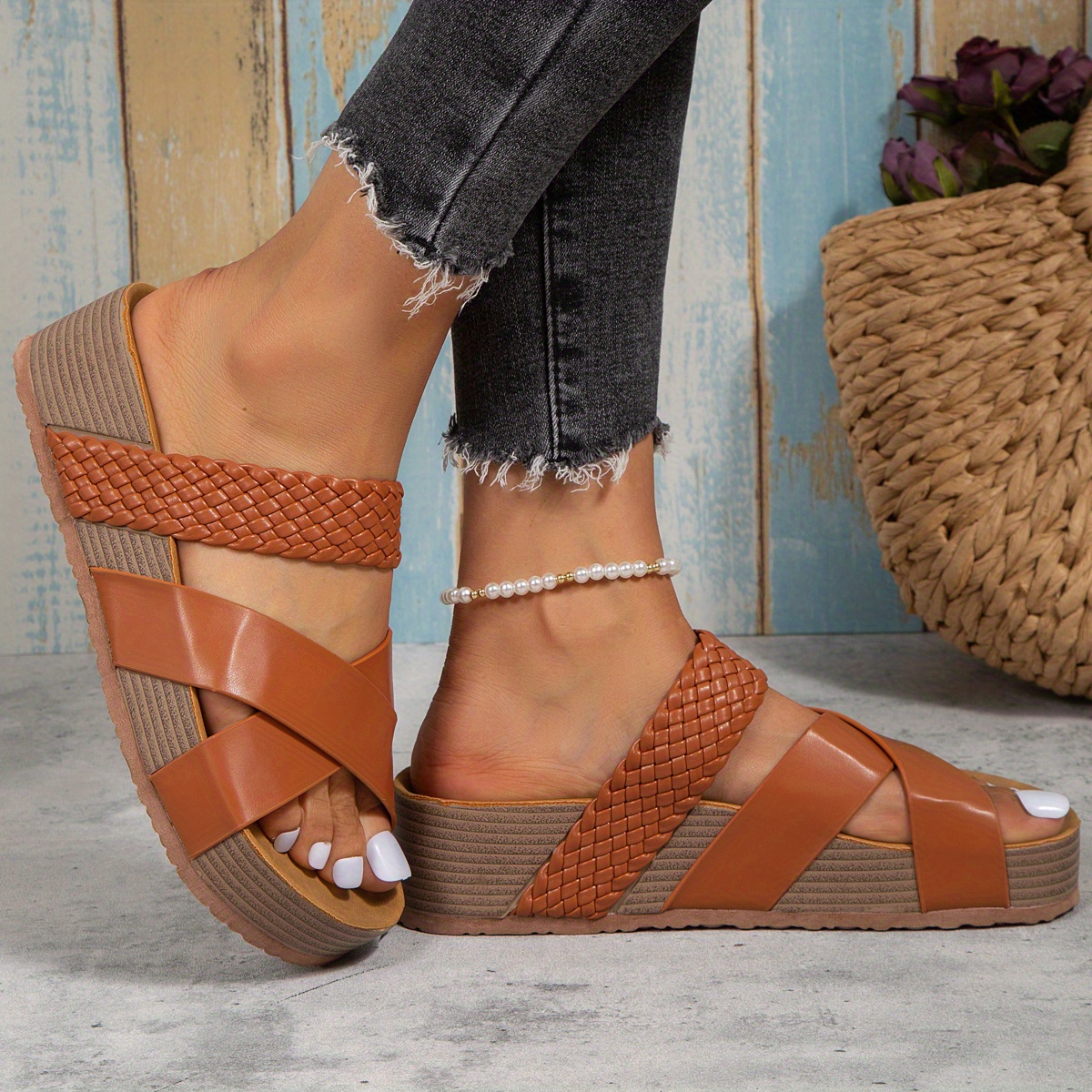 Women's Platform Slide Sandals Cross Strap Braided Band Non - Temu ...