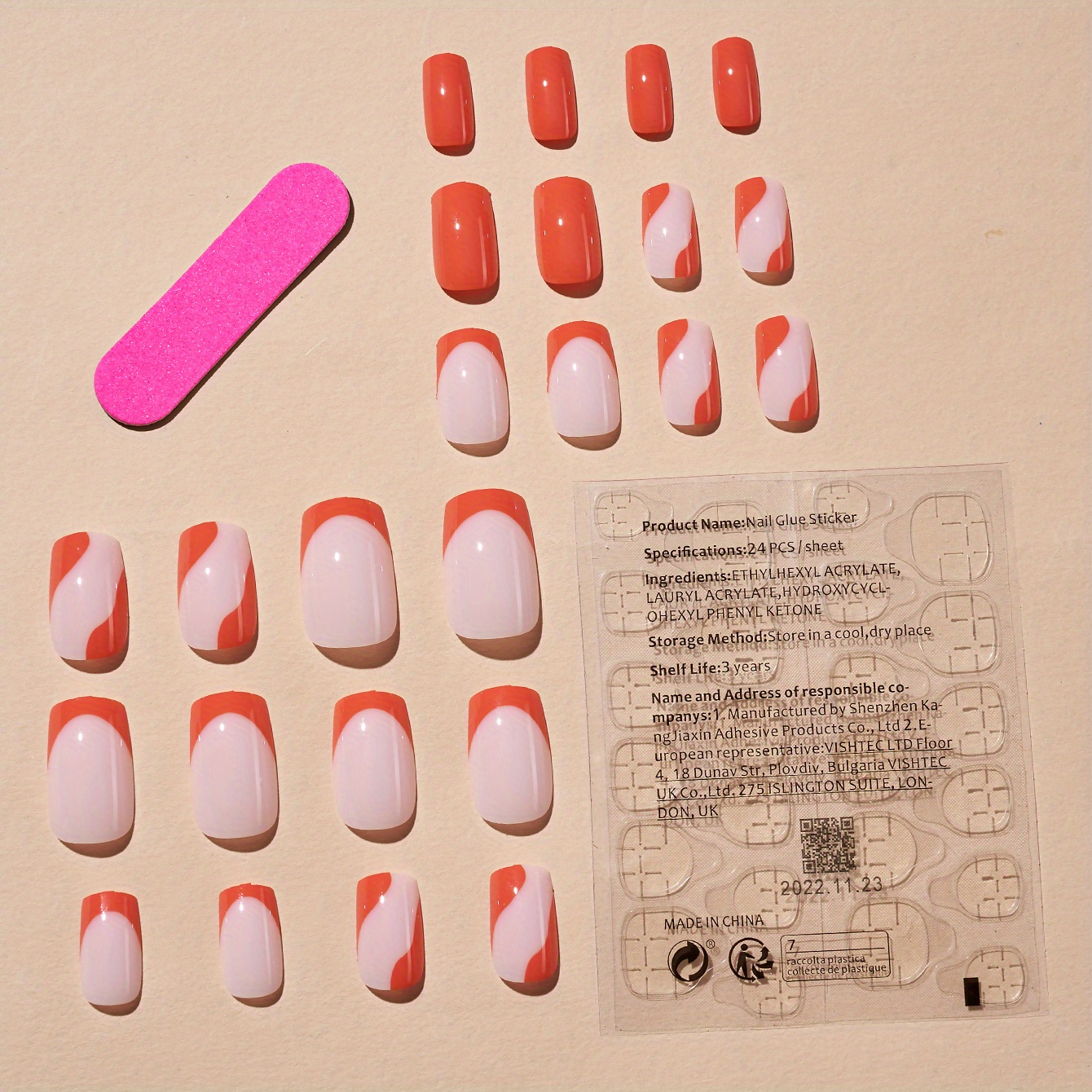 24pcs Orange French Tip Press On Nails Short Square Fake Nails Glossy ...