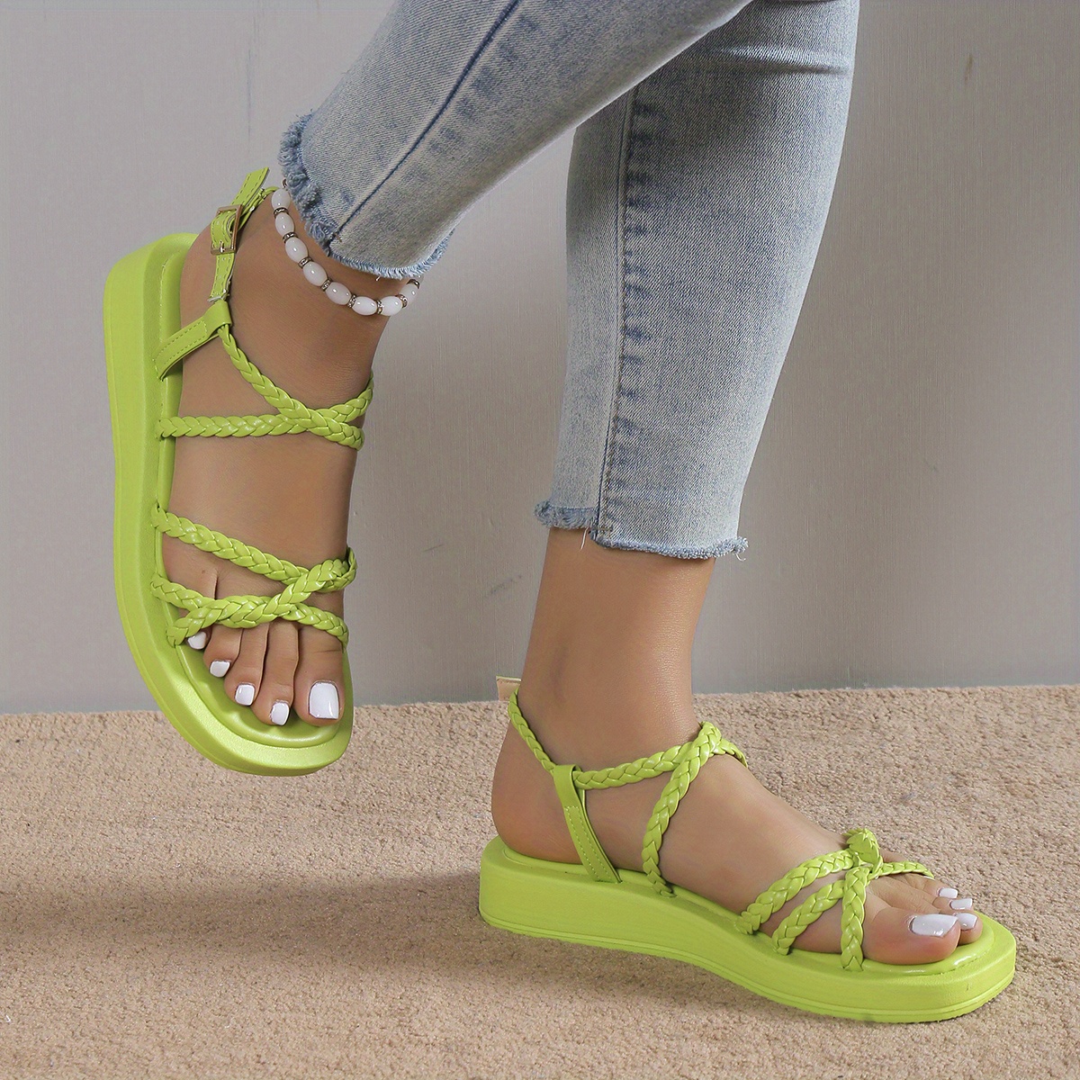 Women's Flat Sandals Solid Color Square Open Toe Cross - Temu Australia