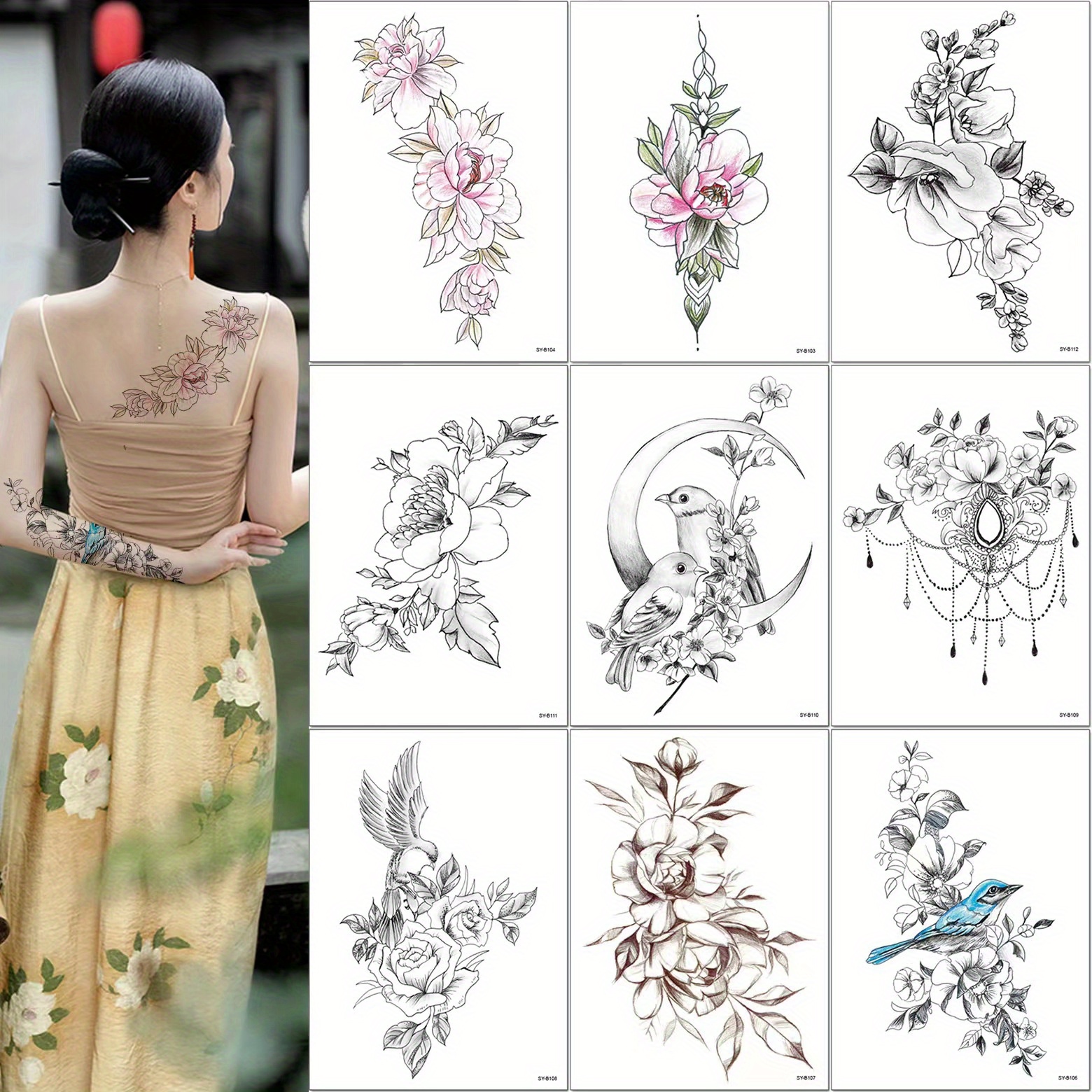 Gorgeous Ancient style Flower Tattoo Stickers Perfect Gift - Temu Canada