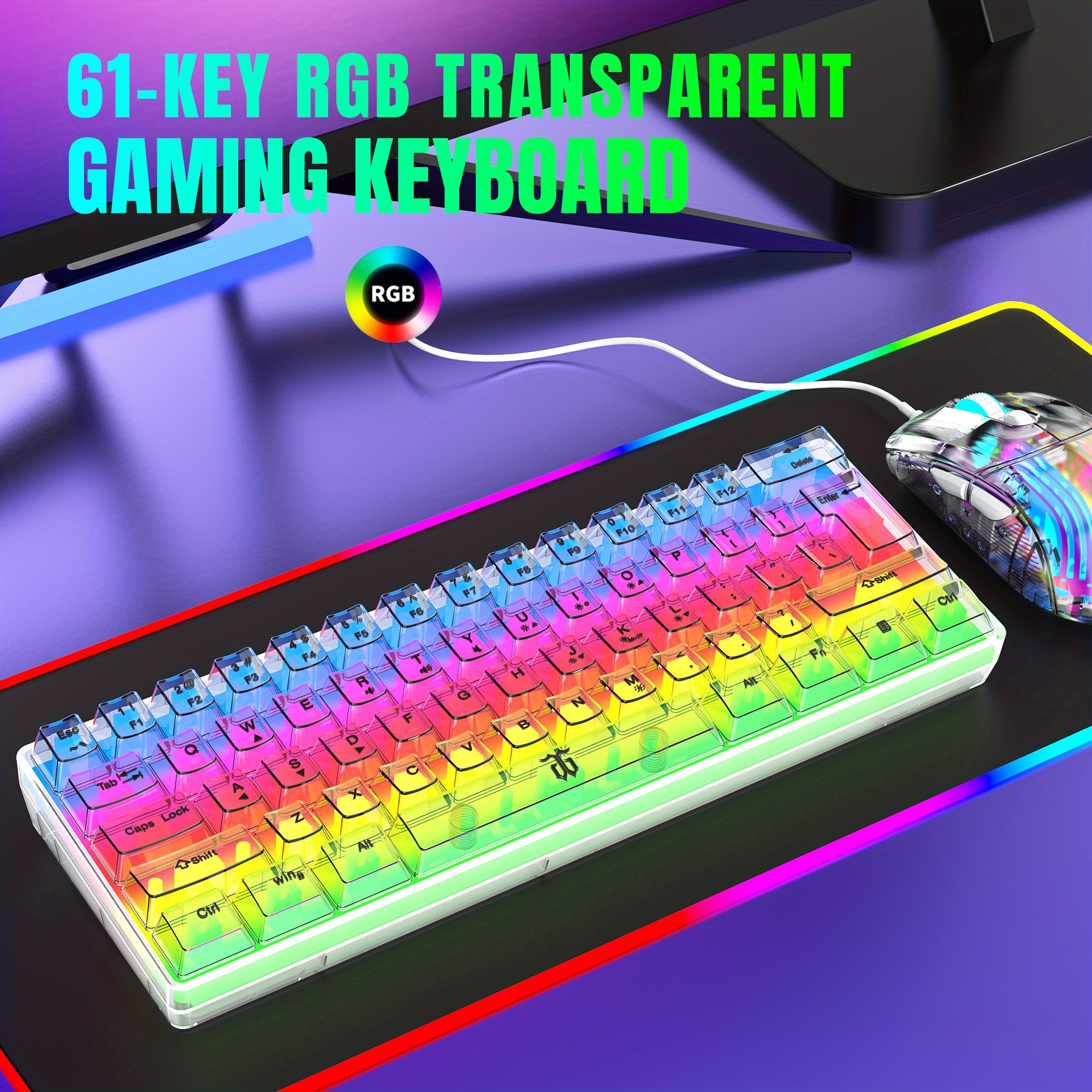 Snpurdiri 60% Transparent Wired Gaming Keyboard, Rgb Backlit Ice Blue ...