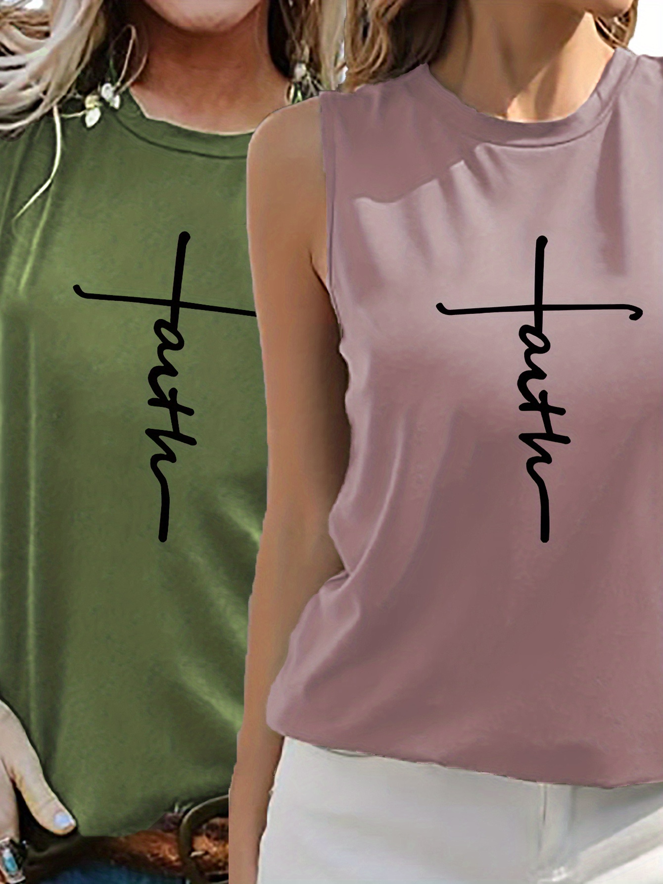 Faith Print Tank Top Set Sleeveless Crew Neck Casual Tank - Temu Canada