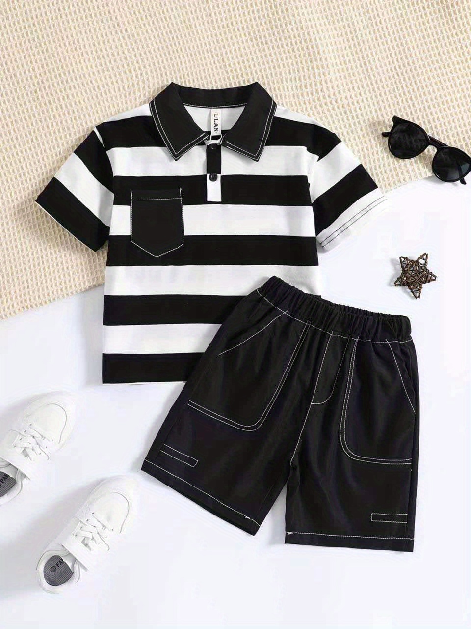 Boys Striped Casual Outfit Short Sleeves Shirt Shorts - Temu New Zealand