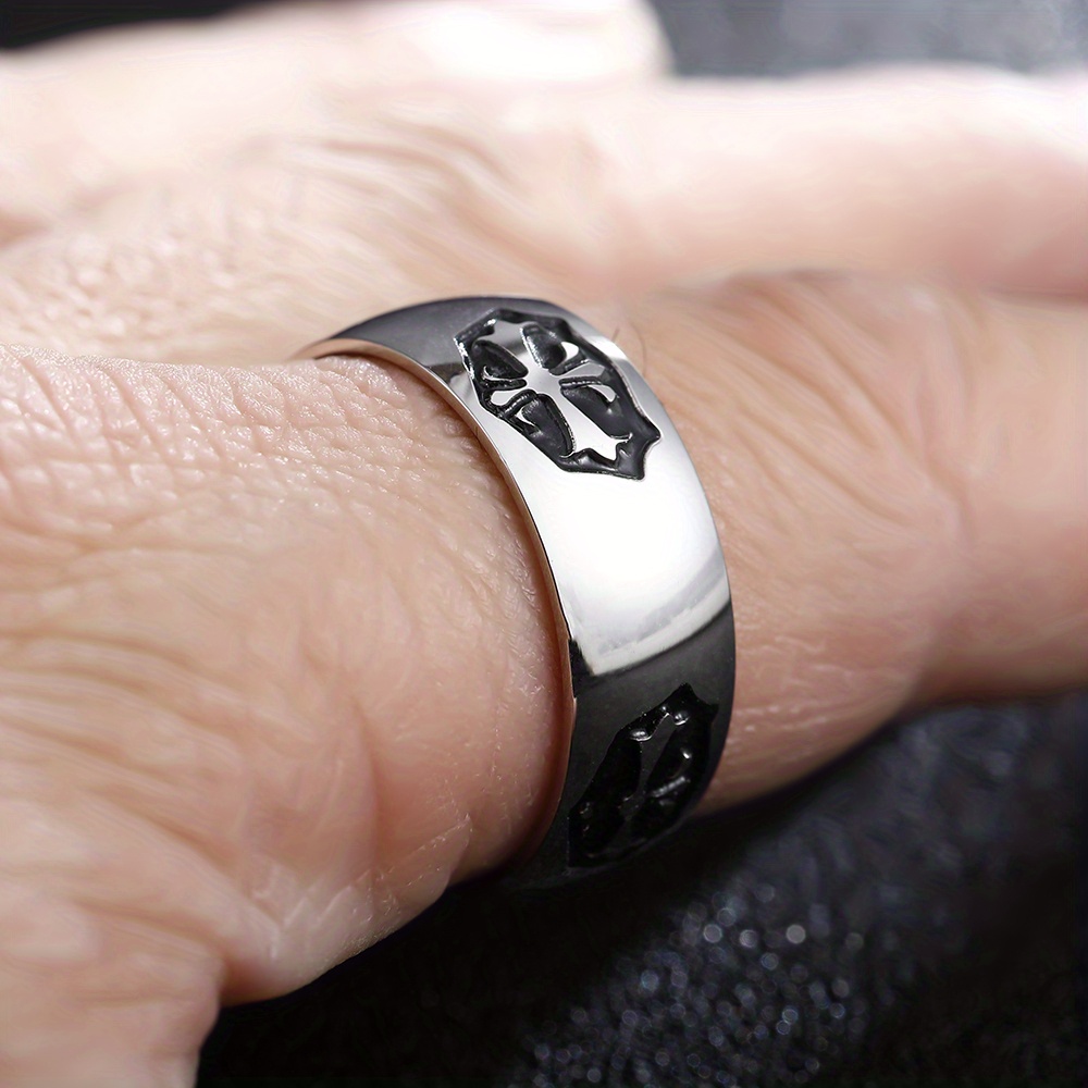 Classic Stainless Steel Ring Simple Cross Pattern Trendy - Temu New Zealand