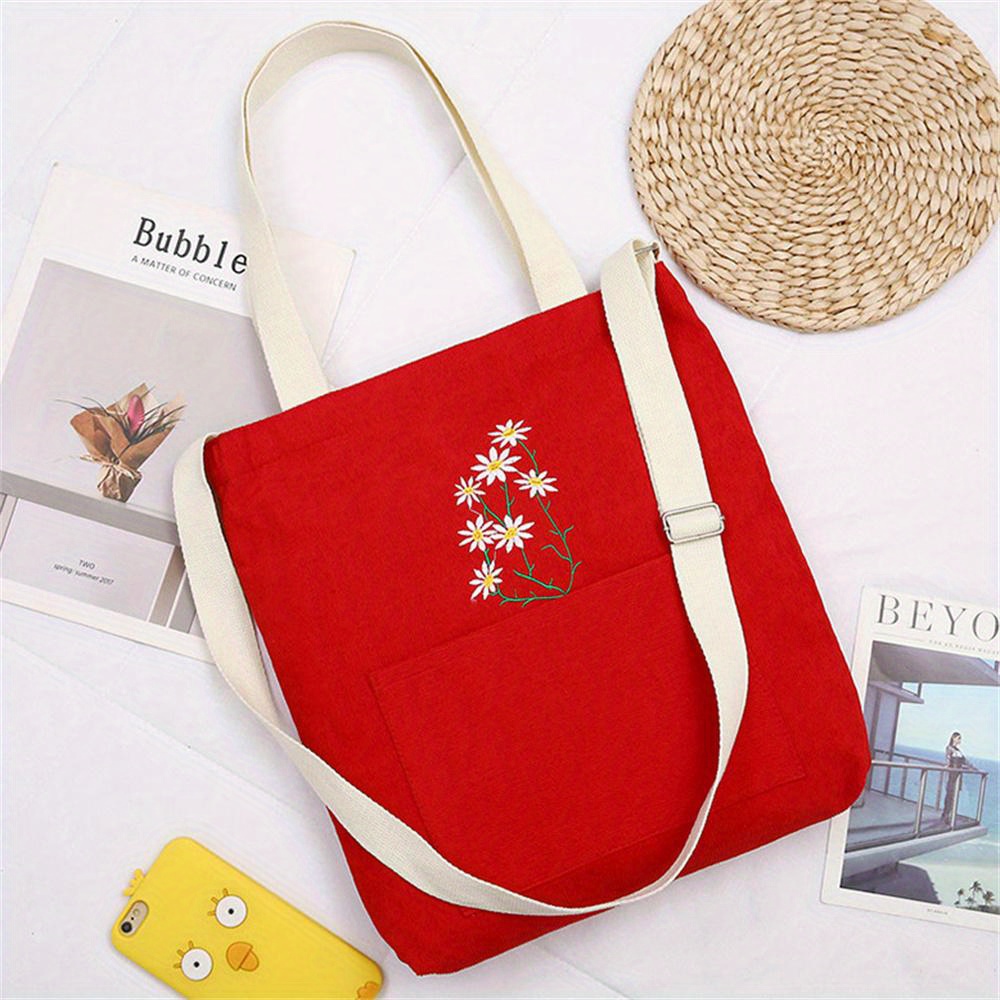 Daisy Embroidery Shoulder Bag Simple Corduroy Tote Bag Preppy Style ...