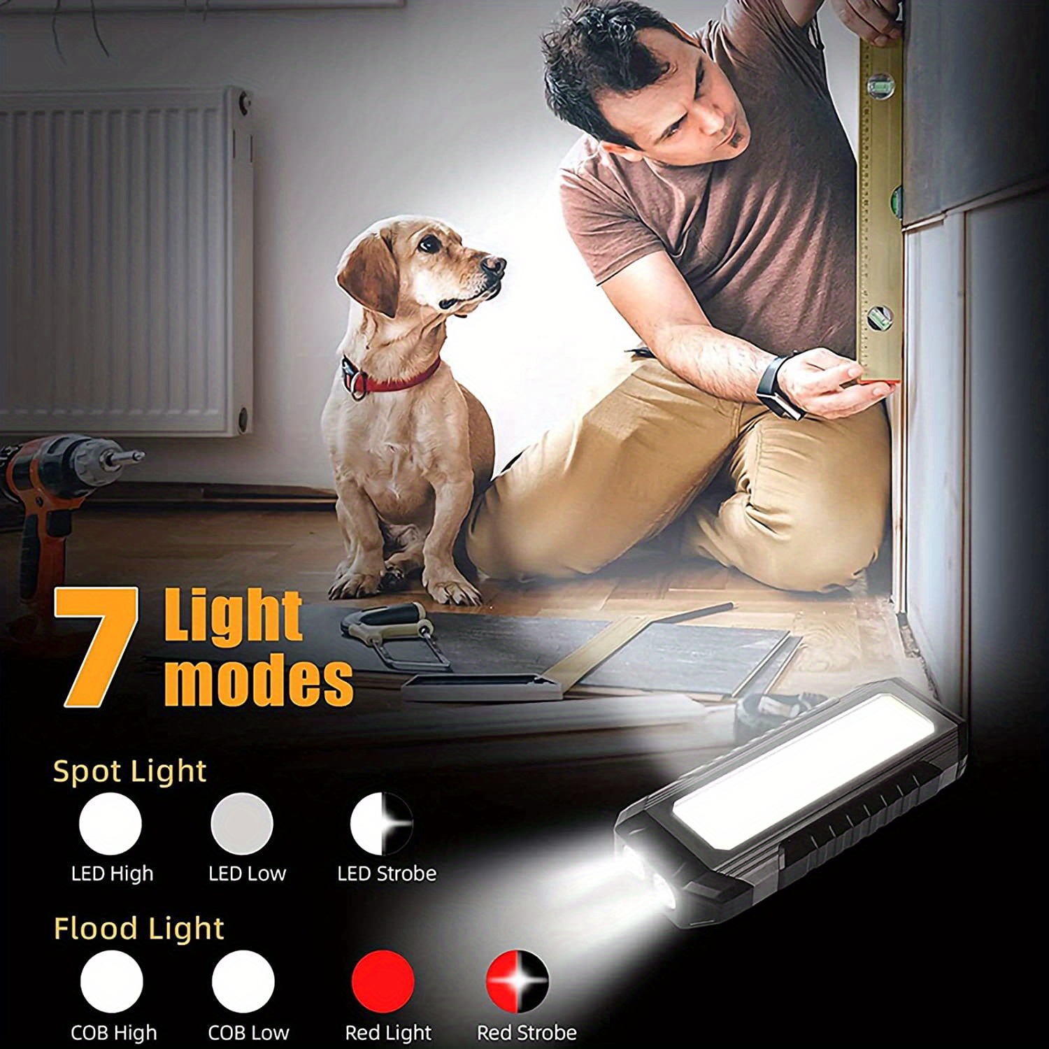 1pc Led 충전식 휴대용 자석 작업등 7가지 조명 모드 및 걸이 후크 캠핑 차량 수리 비상용 방수 조명 작업장 보안용