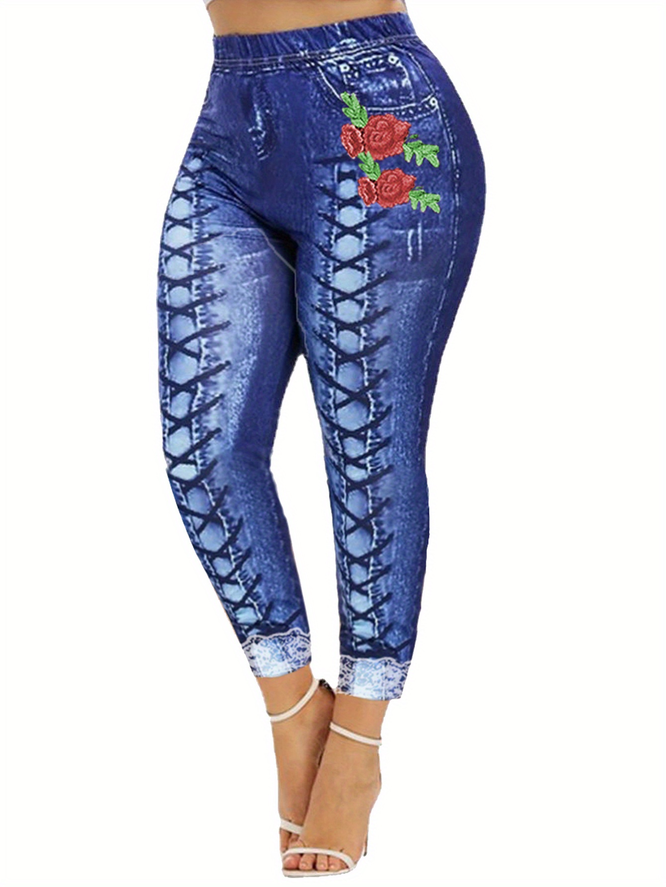 Denim Floral Print Skinny Leggings Casual Every Day Leggings Temu