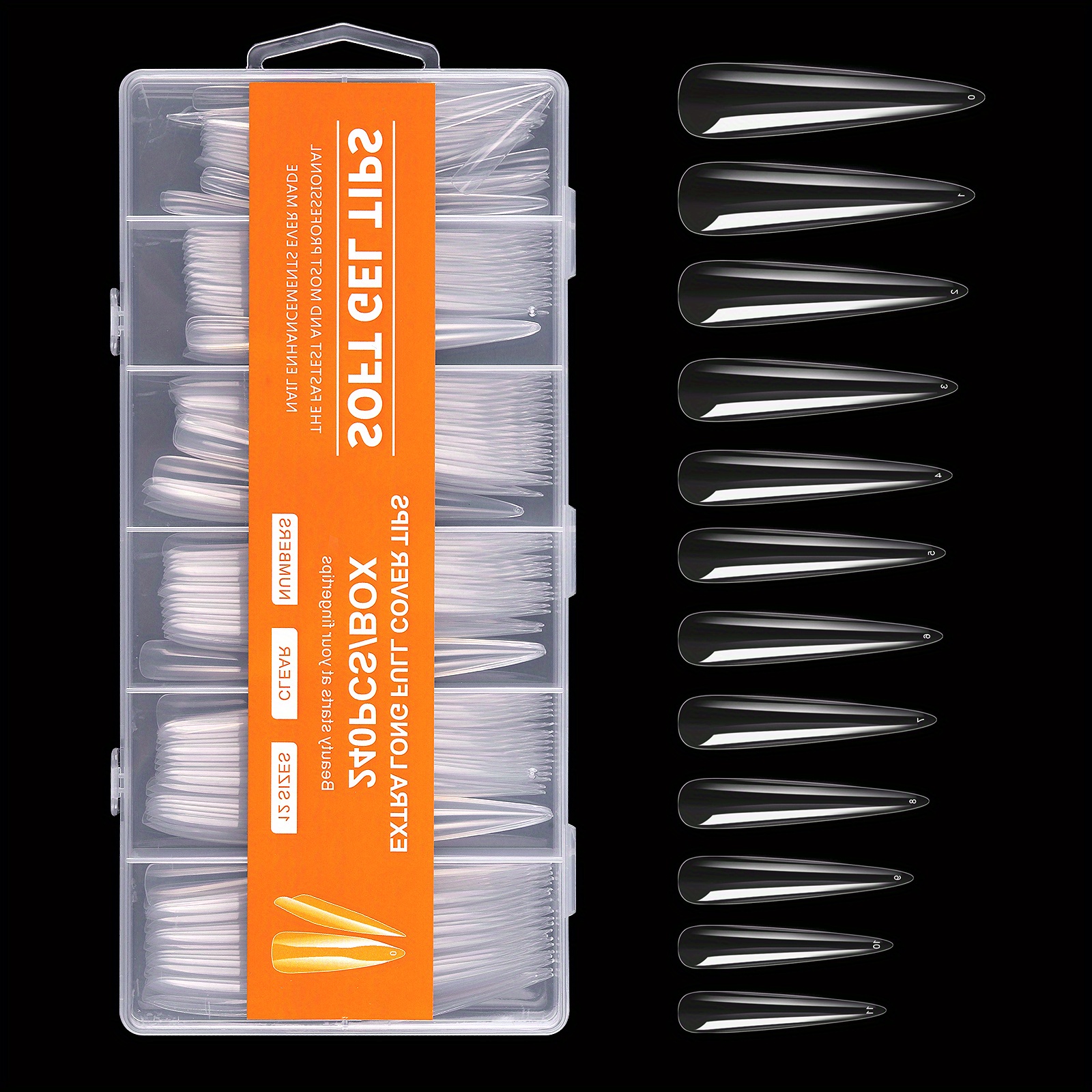 240pcs Super Long Pointed Coffin Fake Gel Nail Tips Set 12 Sizes Full ...