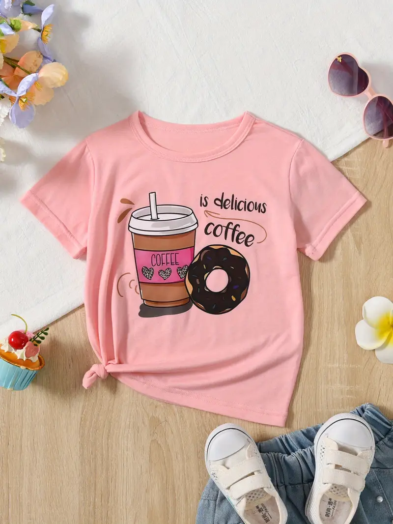 Girls Casual Trendy Cute Cartoon Coffee Cup Donut Graphic T Temu New Zealand