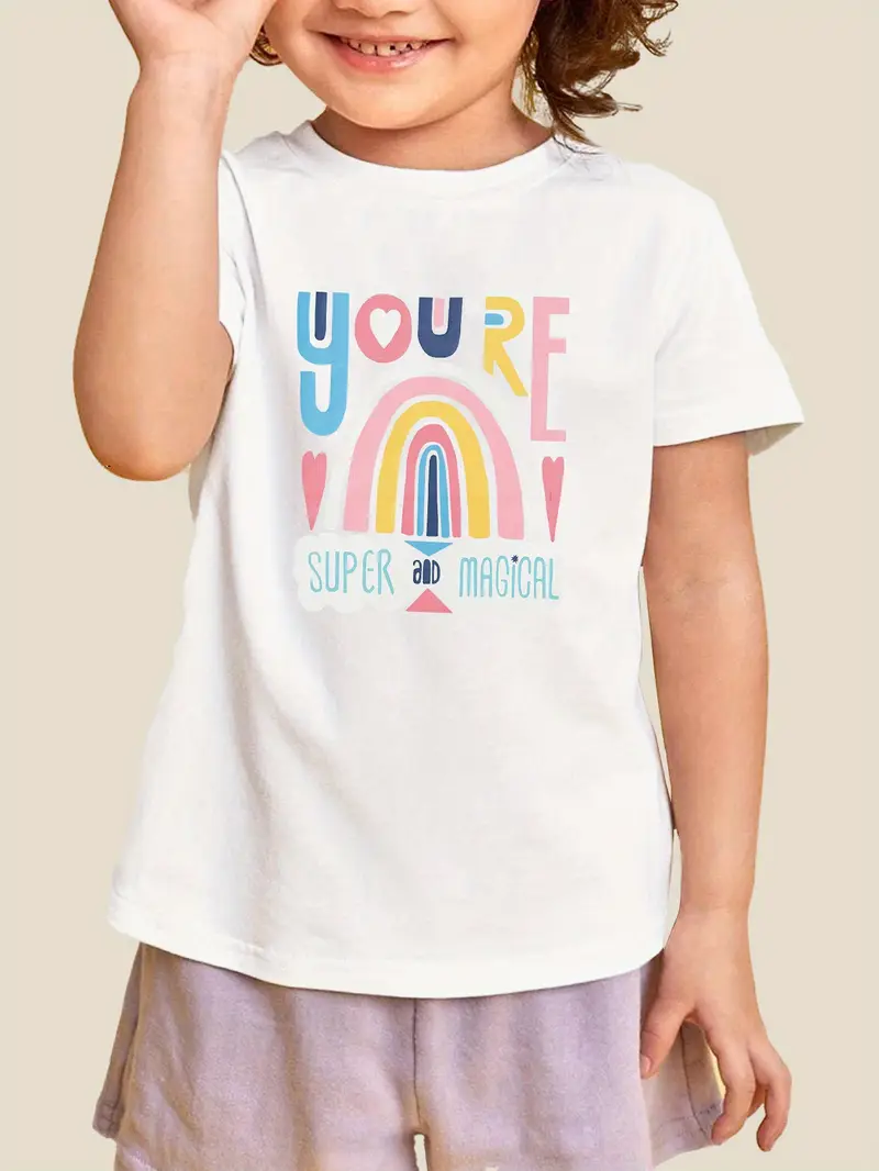 Girls Casual Cute Cartoon Colorful Rainbow Graphic Short Sleeve T Shirt