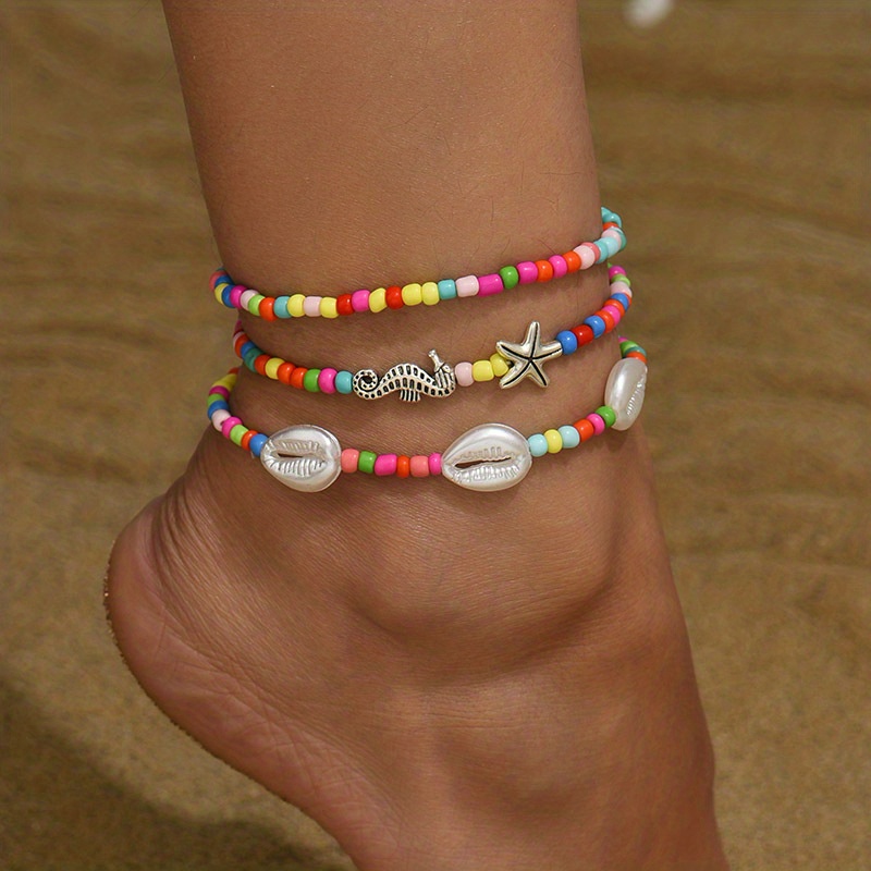 Colorful Mini Rice Beads Anklet Set Shell Starfish Etc Shape - Temu