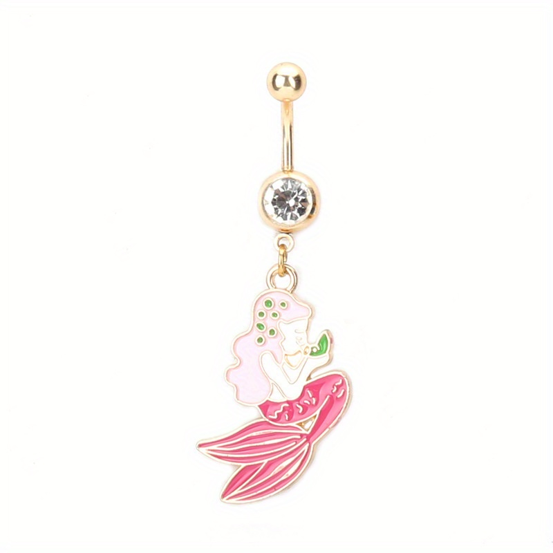 Pink Butterfly Mermaid Shape Pendant Belly Button Ring Inlaid Shiny ...