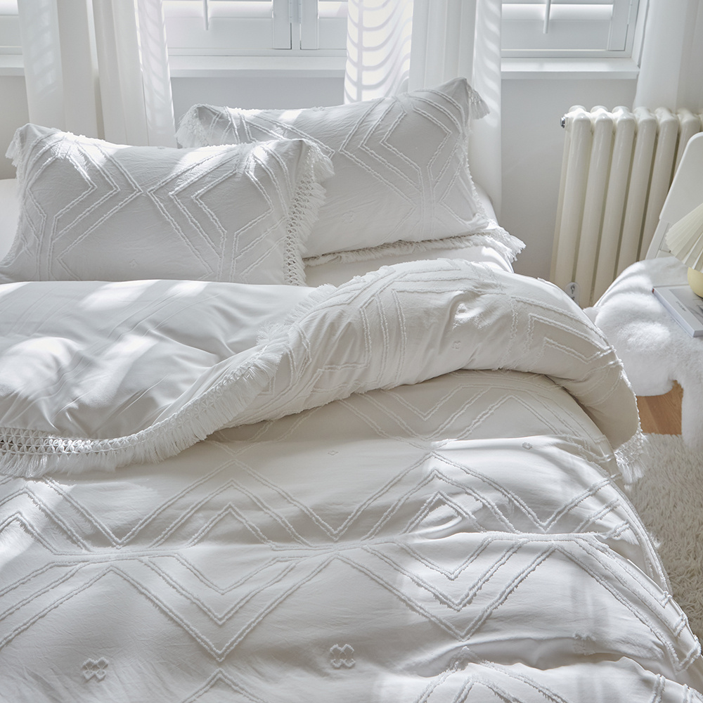 White Duvet Cover Set Tufted Grid Tassels Design Comfortable - Temu United