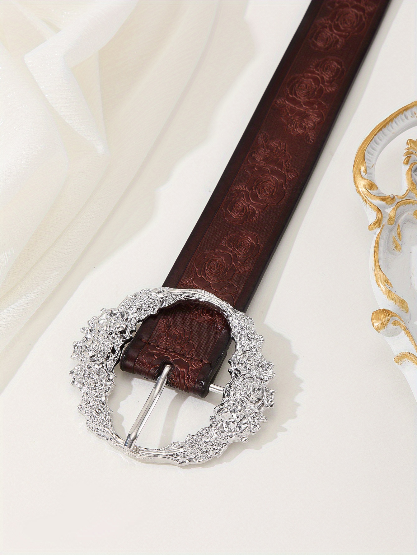 Wine Red Flower Embossed Belt Oversized Silvery Round - Temu