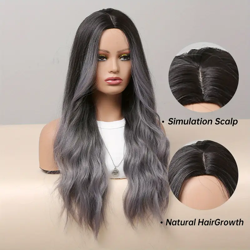 Grey Long Curly Wavy Hair Wigs Bangs Dark Roots Synthetic Temu