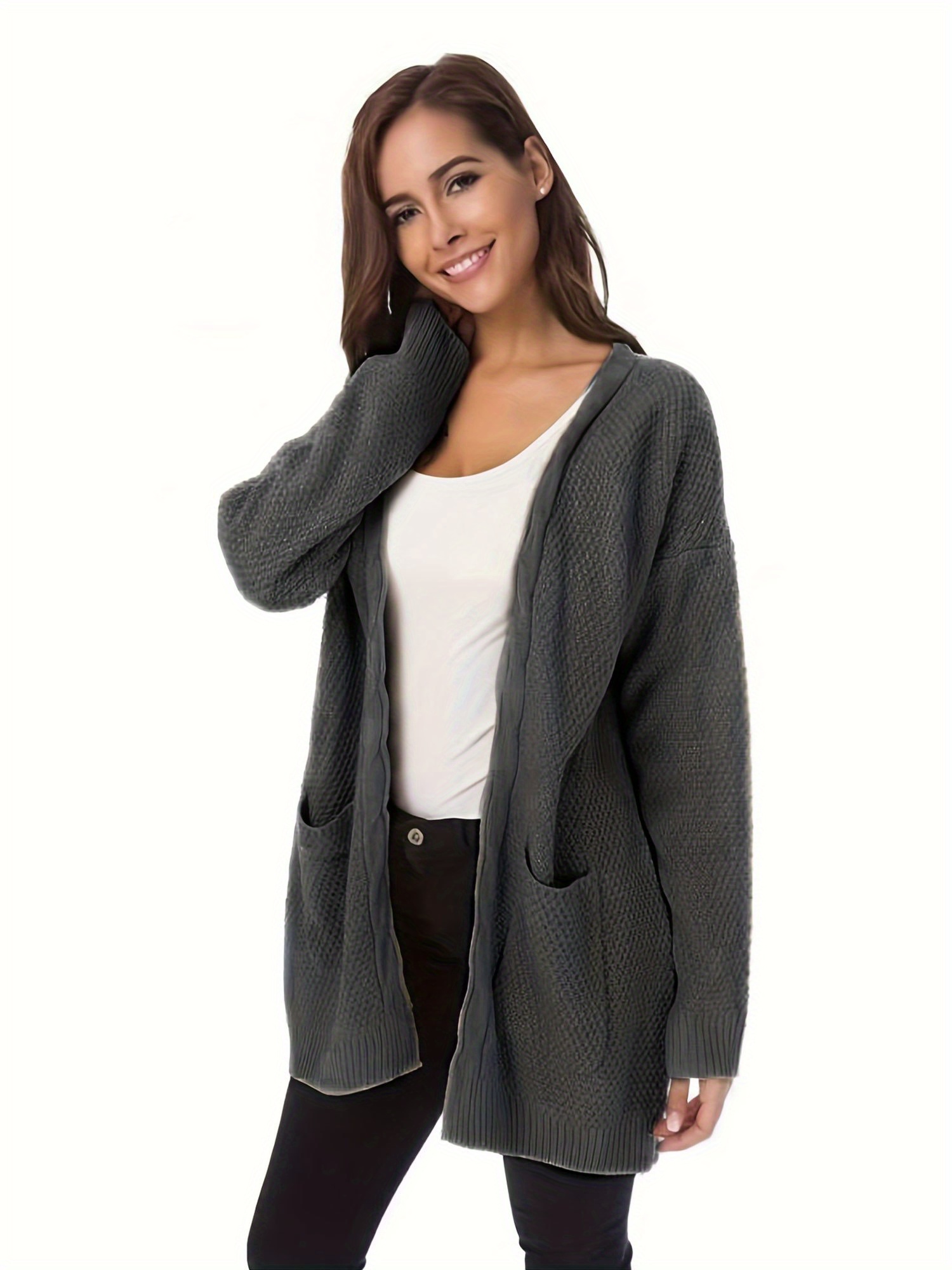 Pocket Front Length Knit Cardigan Casual V Neck Long - Temu United Kingdom
