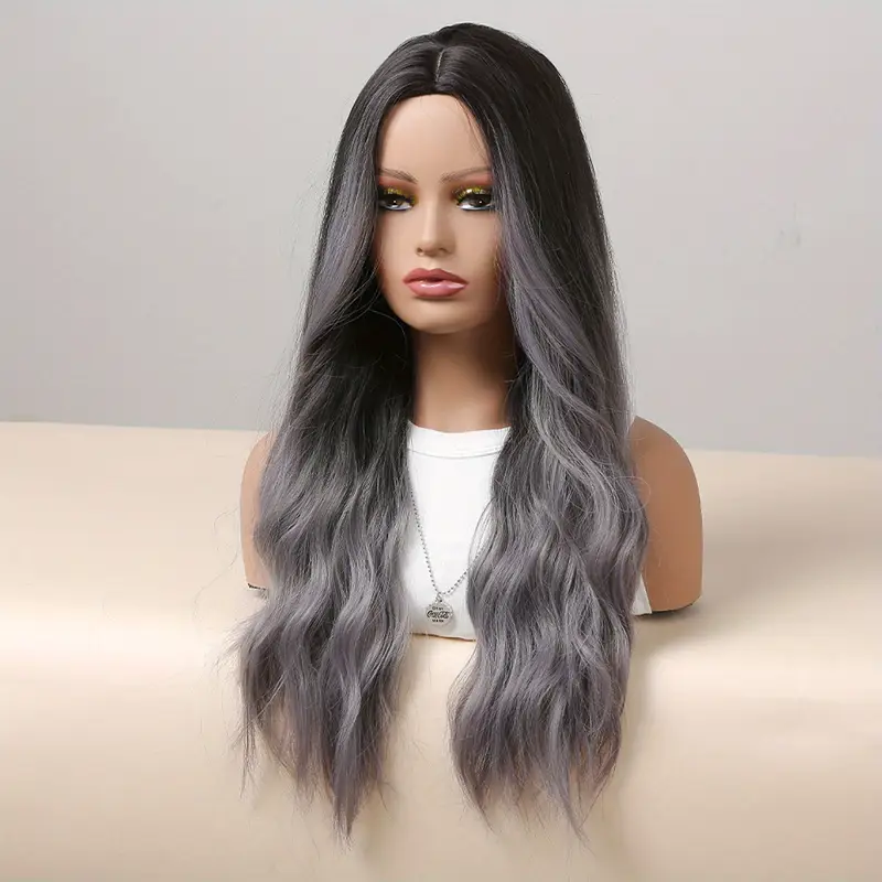 Grey Long Curly Wavy Hair Wigs Bangs Dark Roots Synthetic Temu