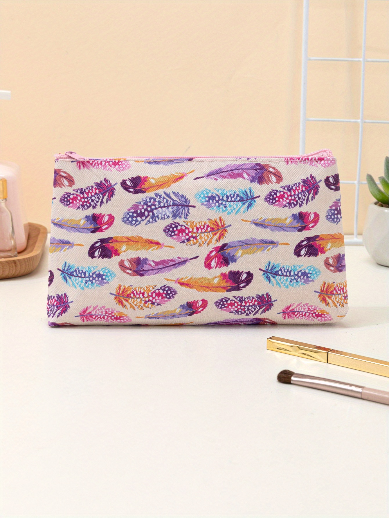 Colorful Feather Pattern Cosmetic Bag Women Small - Temu Australia