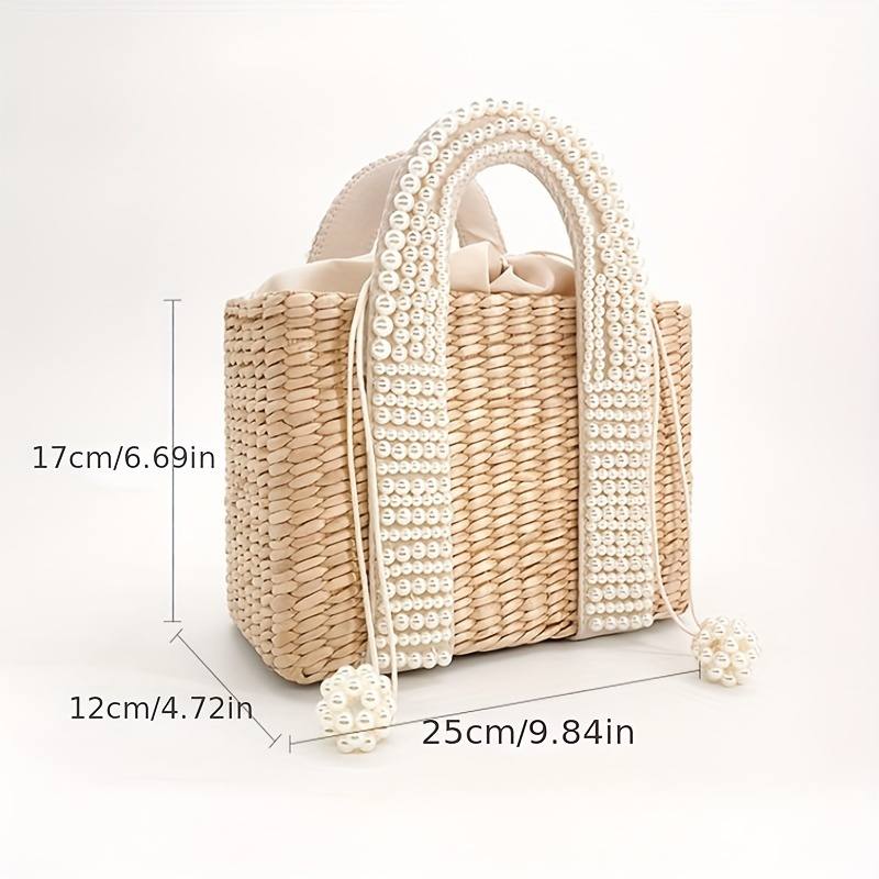 Casual Pearl Decor Beach Bag Bohemian Straw Woven Tote - Temu Canada