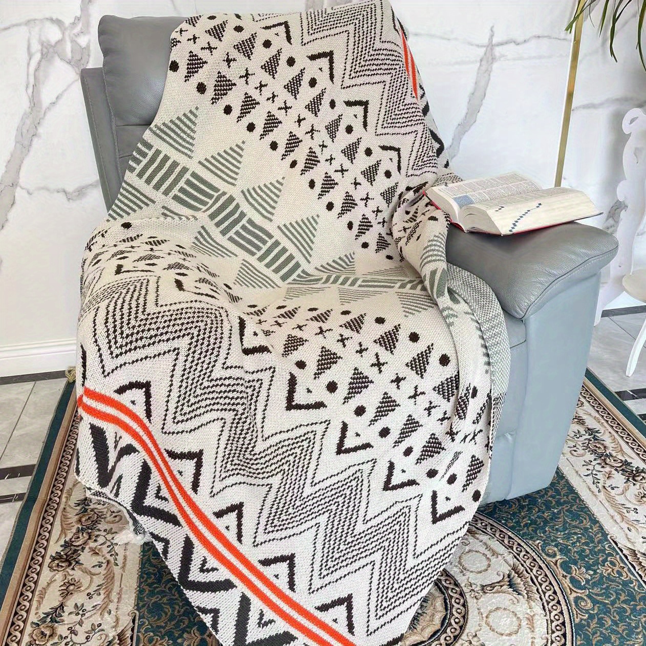 1pc Boho Jacquard Knit Throw Blanket With Tassel For Bed Sofa Car Train ...