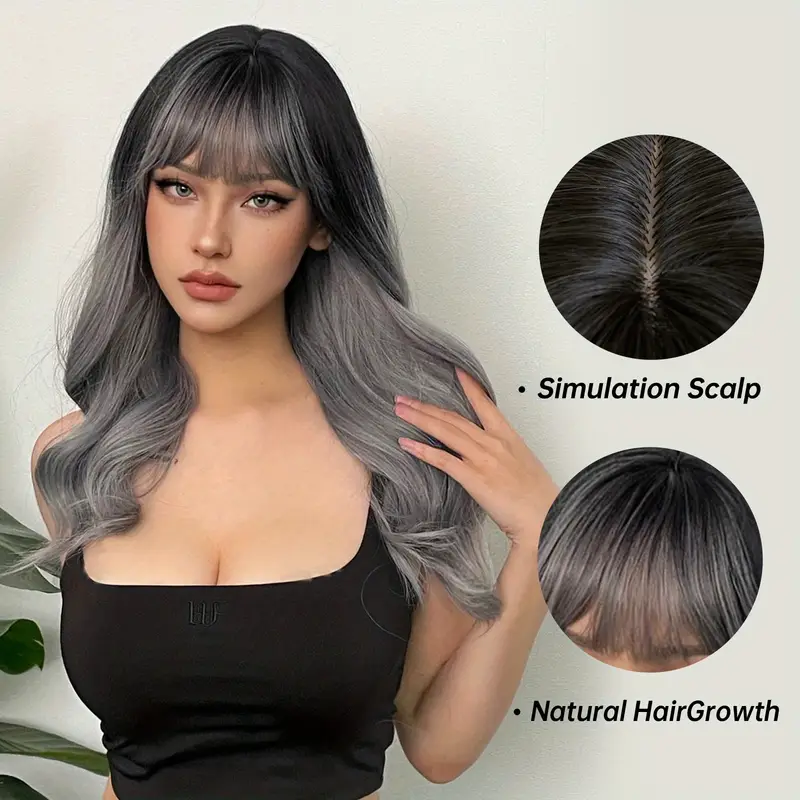 Grey Long Curly Wavy Hair Wigs Bangs Dark Roots Synthetic Temu