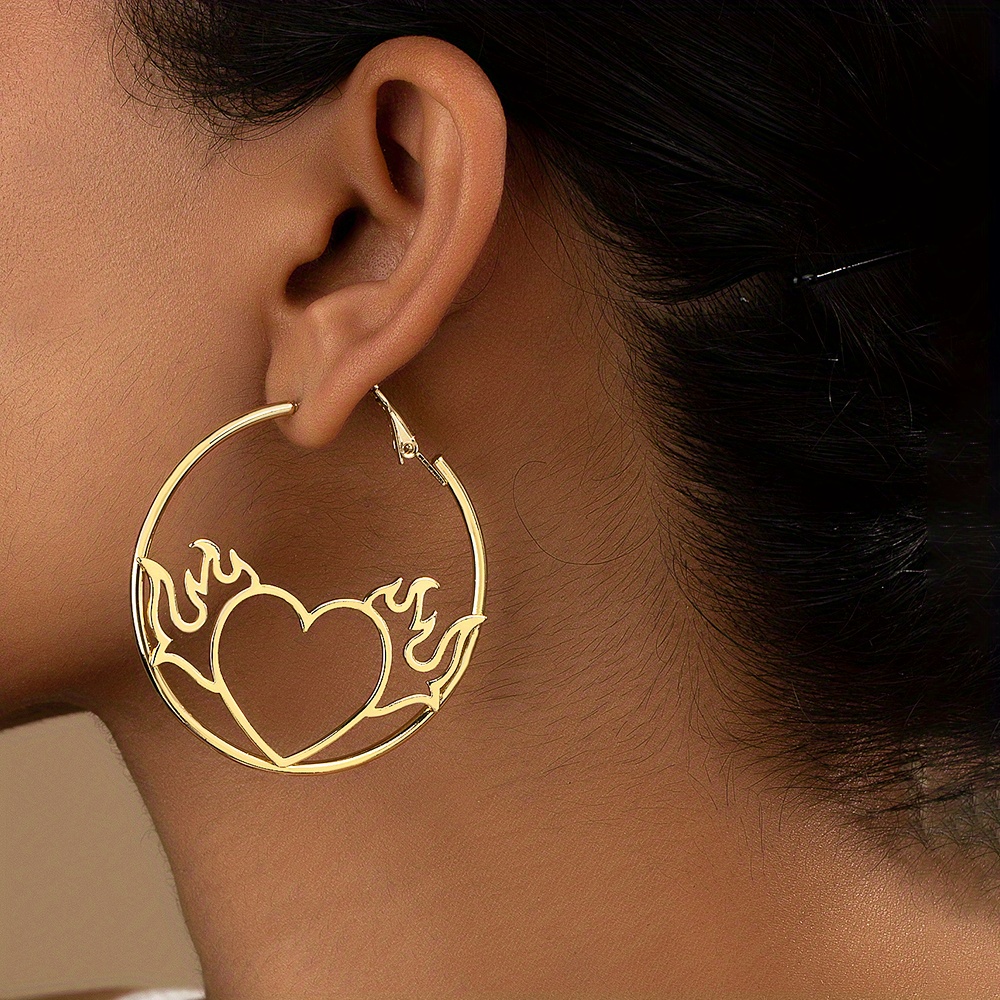 Hoop Earrings Hollow Flame Heart Decor Simple Hip Hop Style - Temu Canada