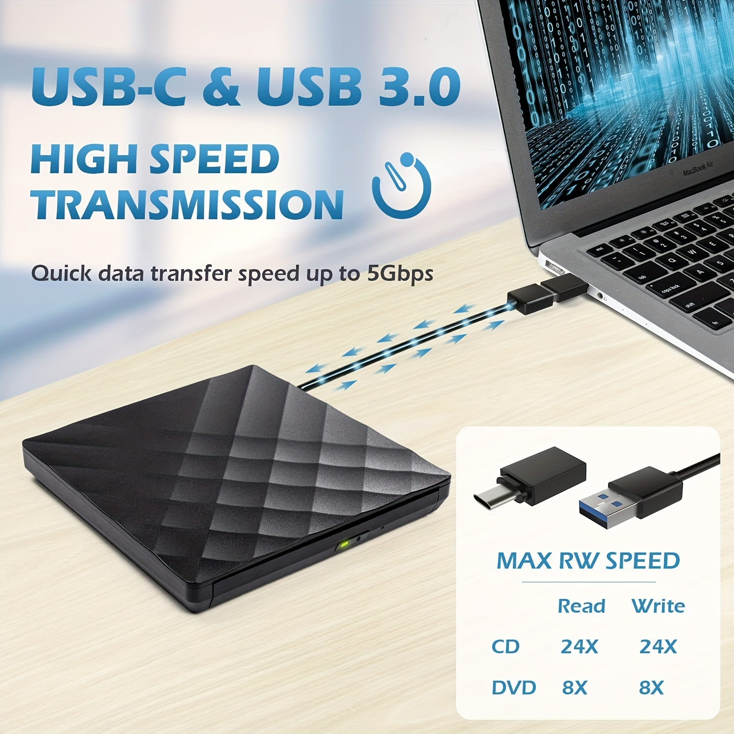 usb 3.0 external dvd drive type c portable cd dvd +/ rw - Temu