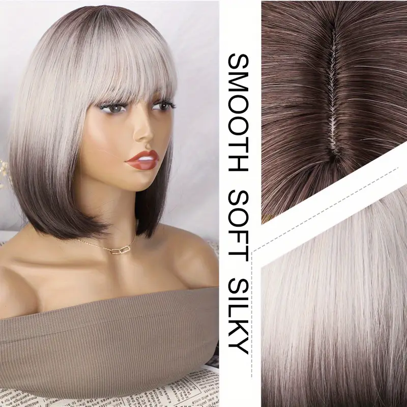 Short Dark Brown Mix Gray Ombre Straight Bob Wigs Bangs - Temu Short Dark Brown Mix Gray Ombre Straight Bob Wigs Bangs - Temu