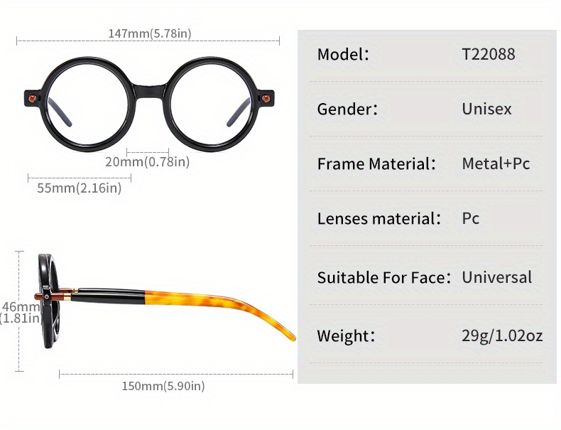 Mens Round Frame Flat Lens Glasses Trendy Color Pc Glasses Vintage ...