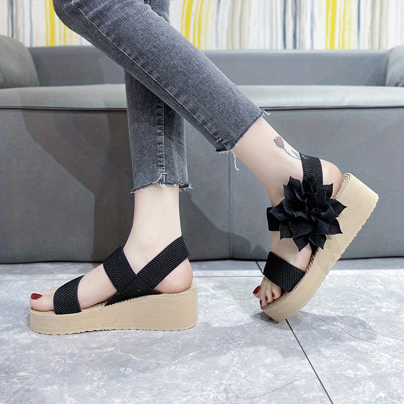 Women's Platform Wedge Sandals Flower Decor Open Toe Elastic - Temu United Kingdom