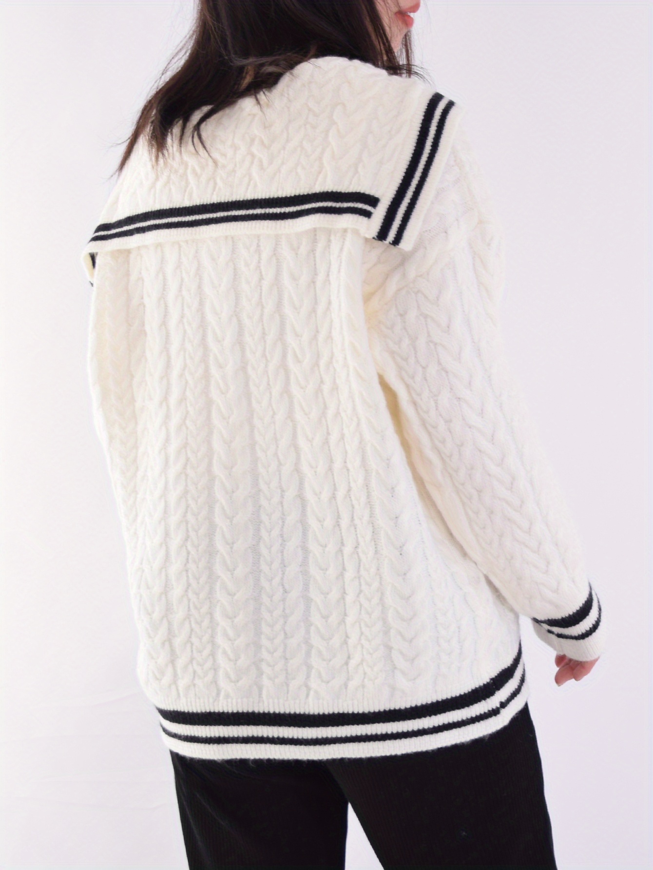 Bow Tie Knit Sweater Casual Sailor Collar Long Sleeve - Temu