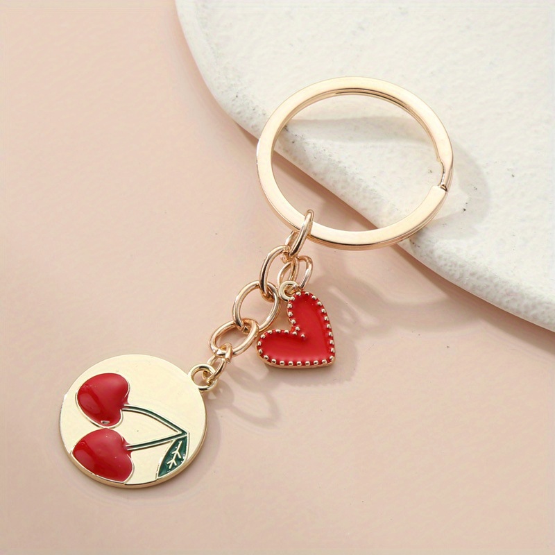 Enamel Heart Shape Keyring Pendant Cherry Pattern - Temu Australia