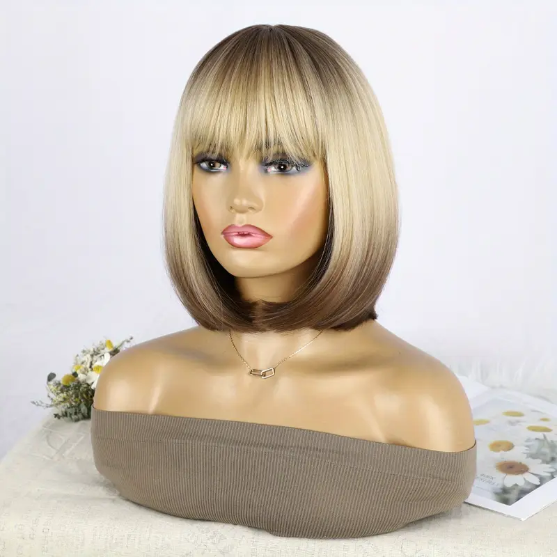 Dark Root Short Bob Straight Hair Wigs Bangs Ombre Synthetic Temu