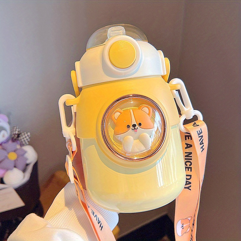 1pc 700ml Cute Cartoon Insulated Water Bottle With Bouncing Lid And Shoulder Strap 316 Stainless ...