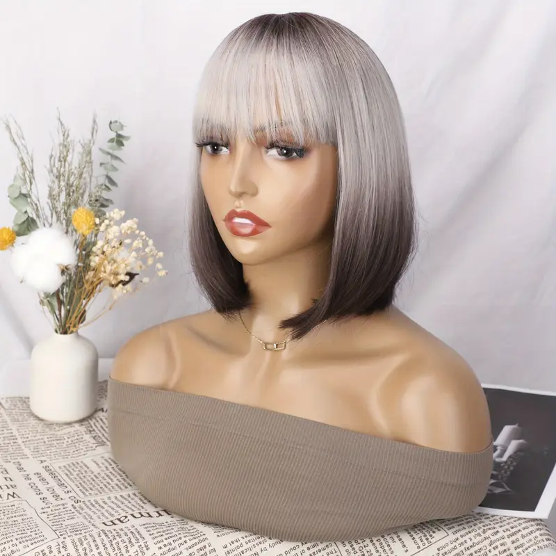 Short Dark Brown Mix Gray Ombre Straight Bob Wigs Bangs - Temu Short Dark Brown Mix Gray Ombre Straight Bob Wigs Bangs - Temu