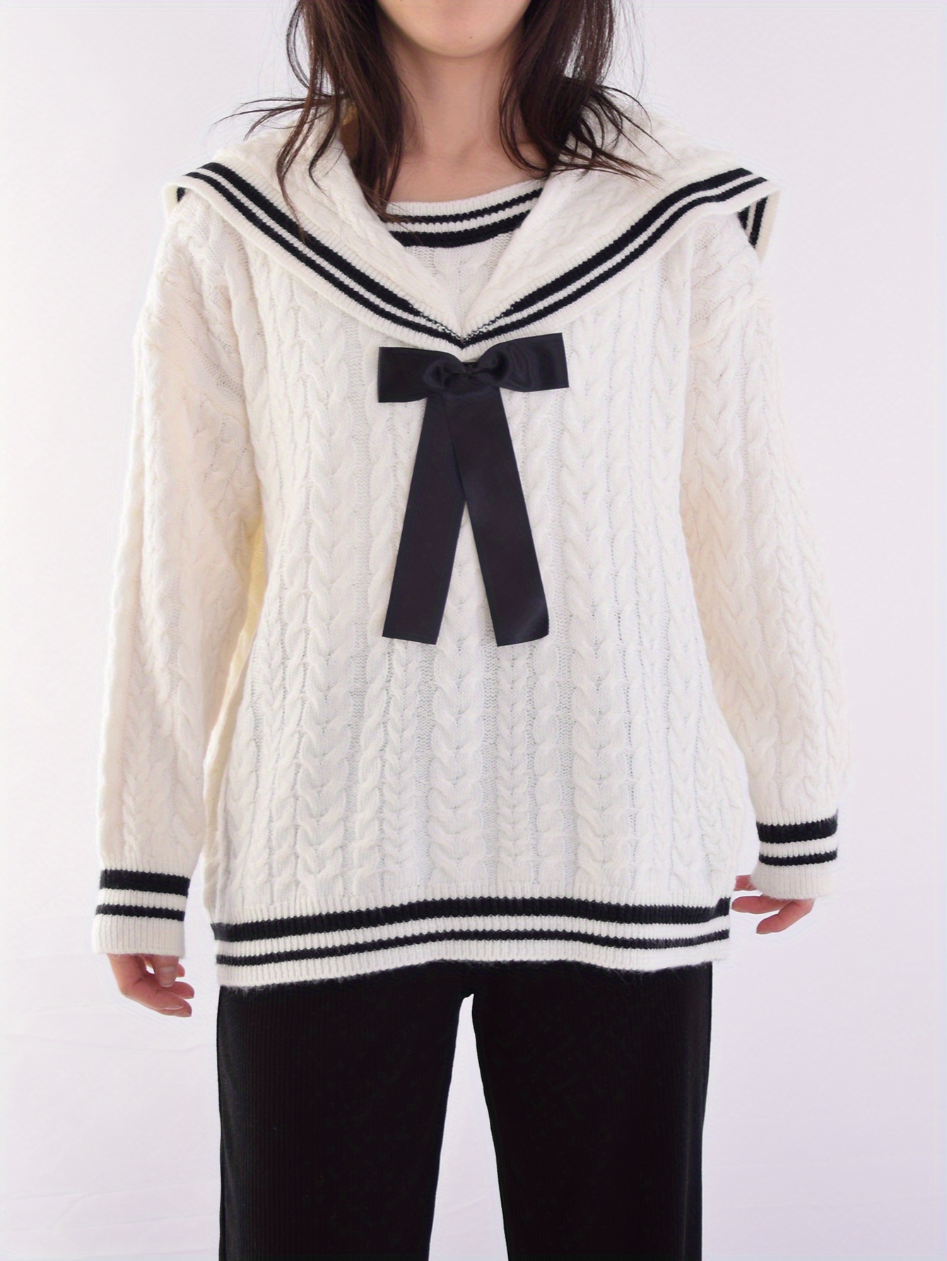 Bow Tie Knit Sweater Casual Sailor Collar Long Sleeve - Temu
