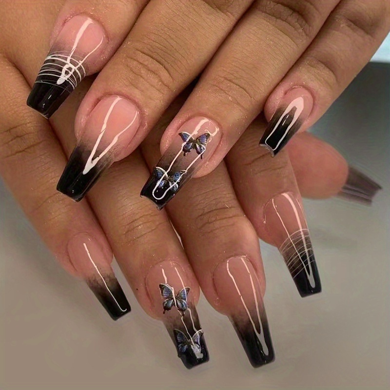 Black Gradient Ballerina Press Nails Medium Coffin - Temu United Kingdom